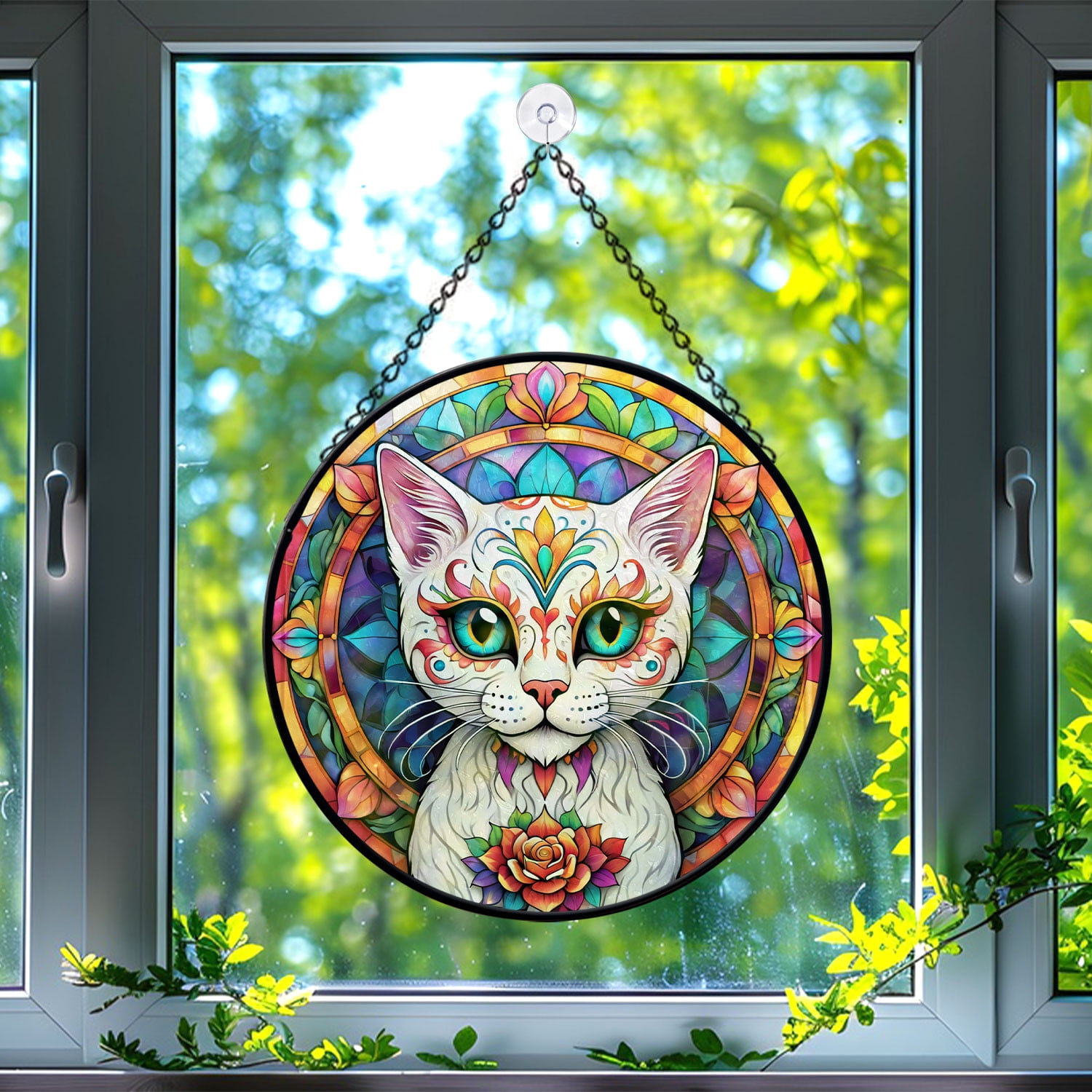 89Bloom Cat Sugar Skull Suncatcher, Stained Glass Cat Suncatcher, Cat ...