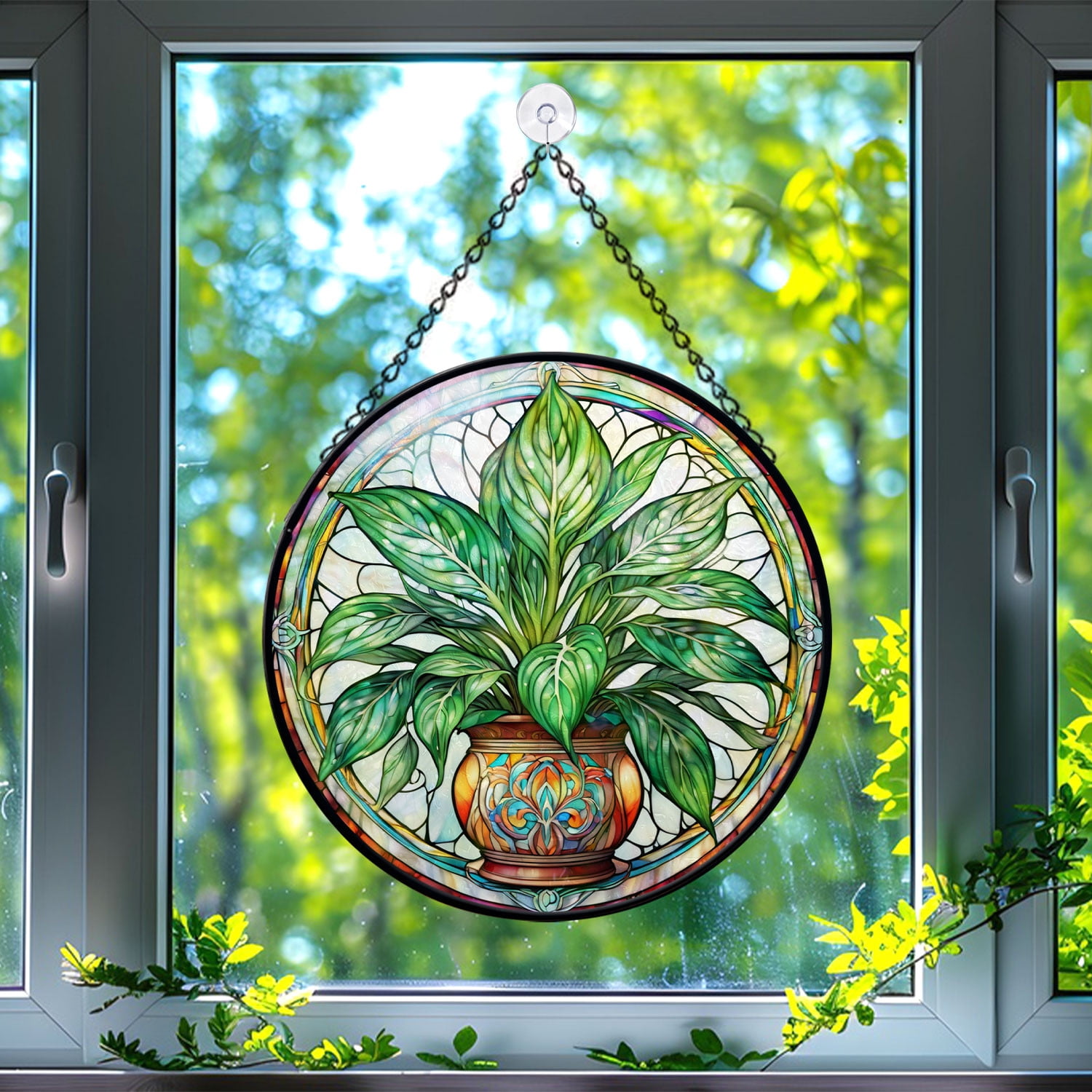 89Bloom Chinese Evergreen Plant Window Hanging Stained Glass, Chinese ...