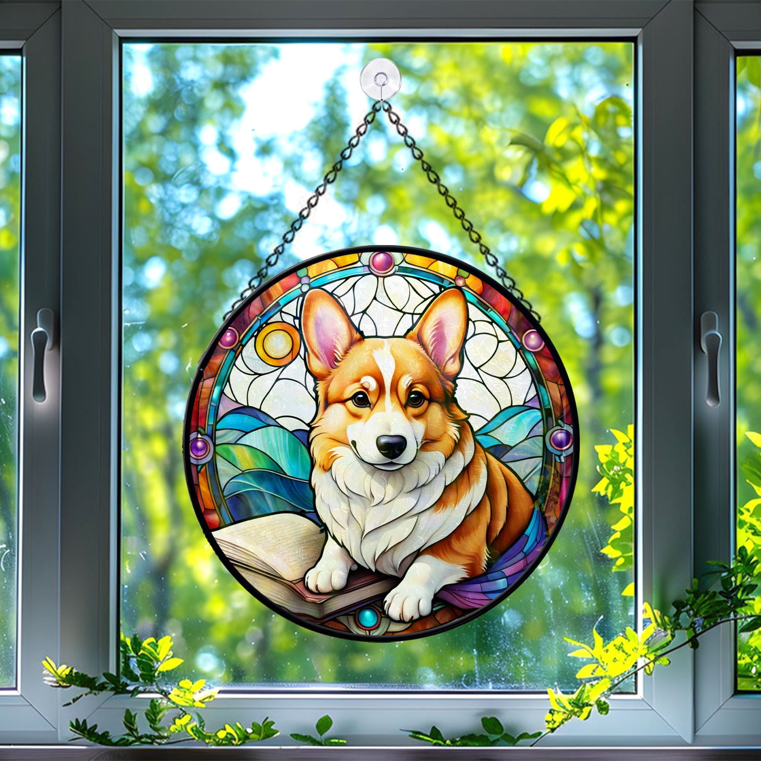 89Bloom Corgi Window Hanging Stained Glass, Corgi Book Suncatchers for ...