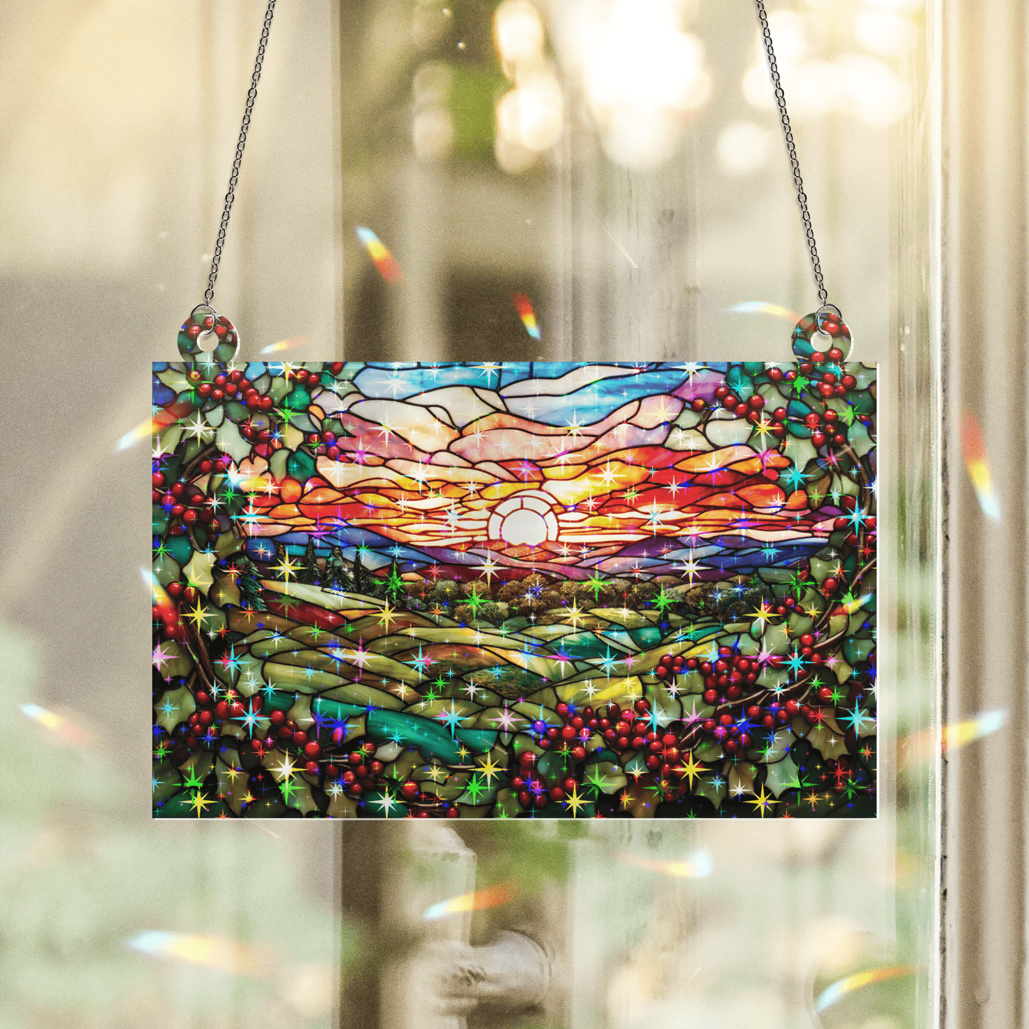 89Bloom Holly Stained Glass Hologram Ornament, Stained Glass Suncatcher ...