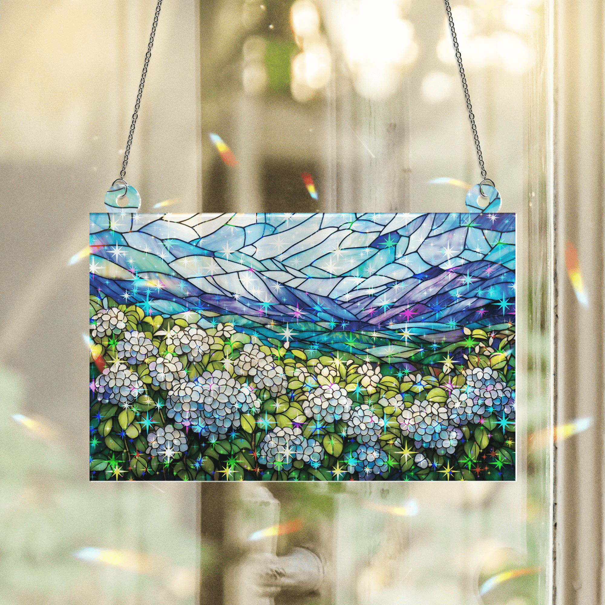 89Bloom Hydrangea Stained Glass Hologram Ornament, Stained Glass ...
