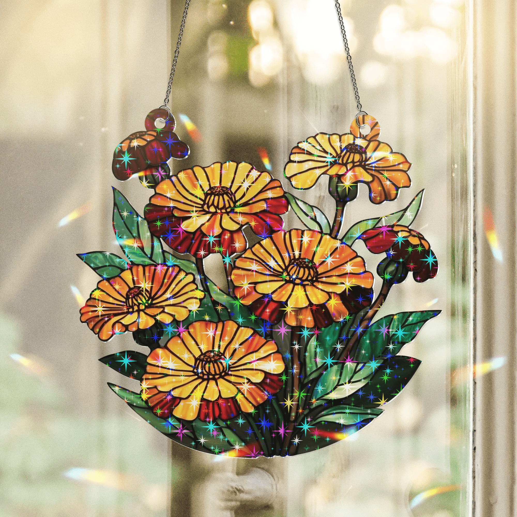 89Bloom Marigold Stained Glass Hologram Ornament, Stained Glass ...