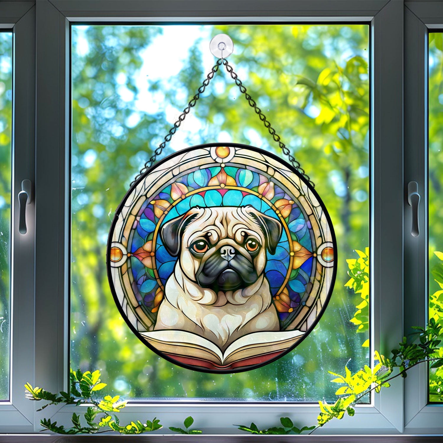 89Bloom Pug Window Hanging Stained Glass, Pug Book Suncatchers for ...