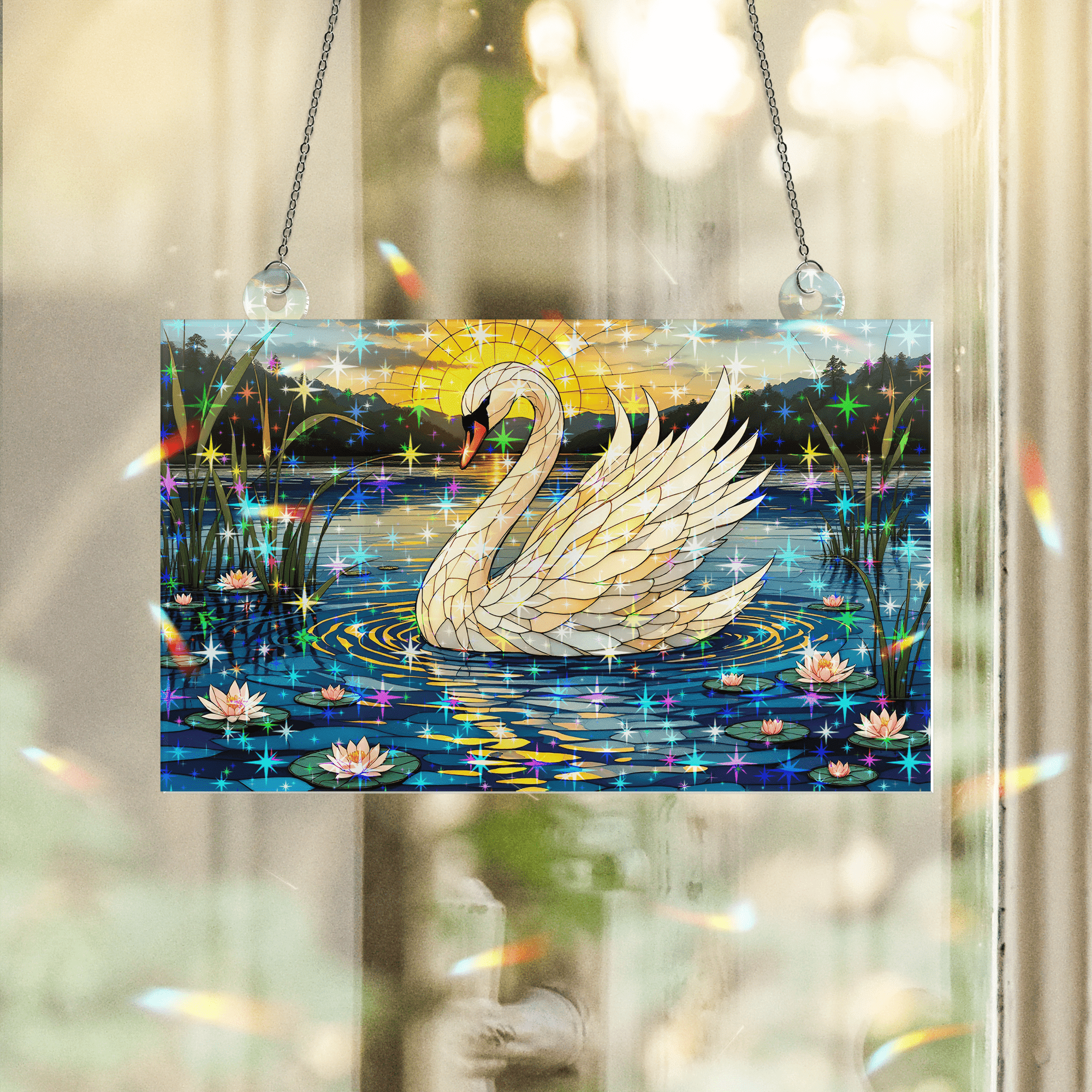 89Bloom Swan Stained Glass Hologram Ornament, Stained Glass Suncatcher ...
