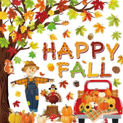89Pcs Happy Fall Bulletin Board Decorations Set Fall Tree Pumpkin Maple ...