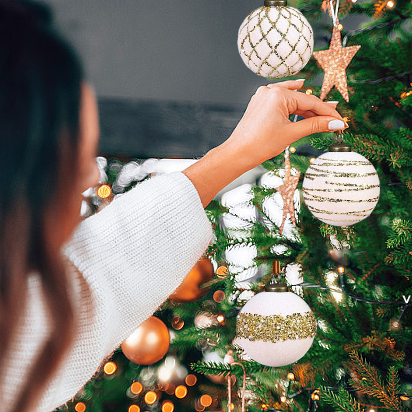 8CM Flocked Christmas Balls, Cebalnir Hanging Balls Glitter Plastic ...