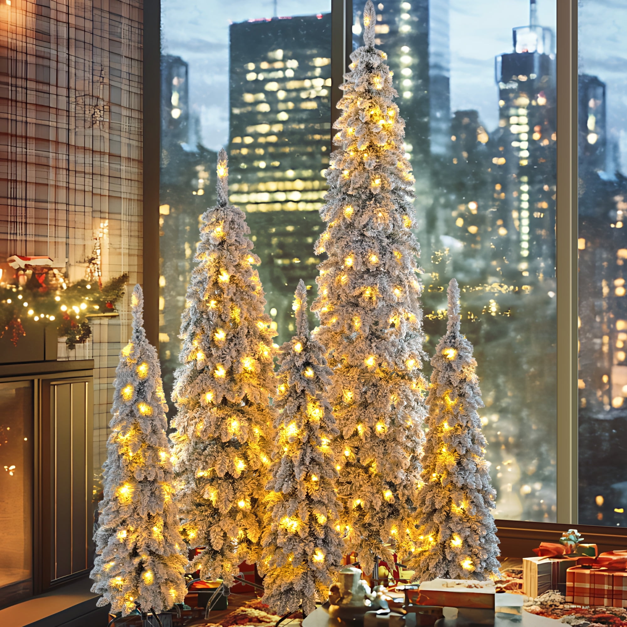 8FT, 6FT, 4FT x 3 Pre-Lit Pencil Christmas Trees, 5-set Slim Artificial ...