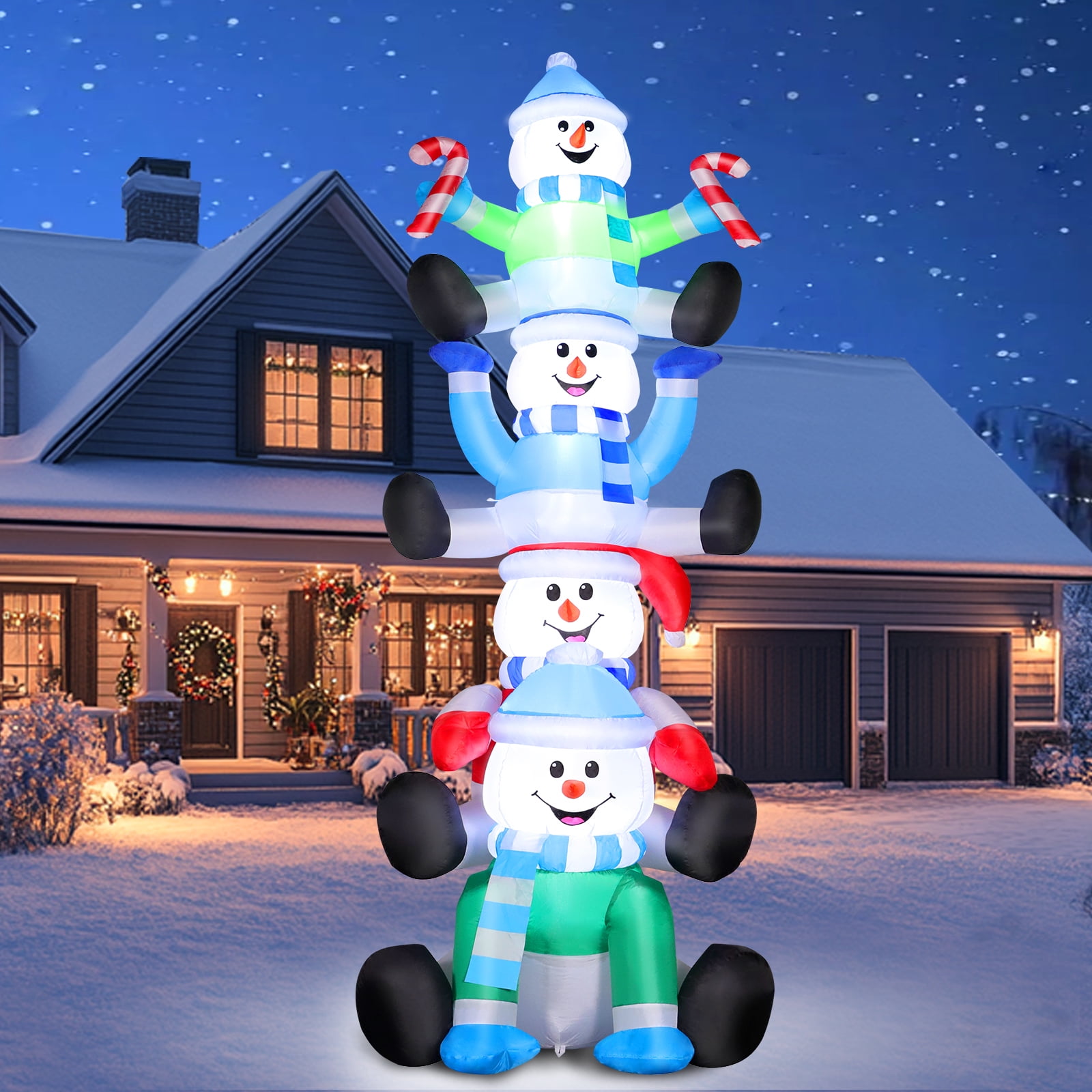 8FT Christmas Inflatable Snowman Stack with Cane Candy Blow up Outdoor ...