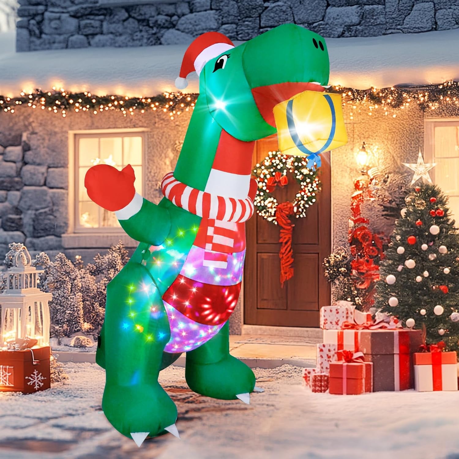8FT Christmas Inflatables Dinosaur - Blow Up Dinosaur Yard Decoration ...