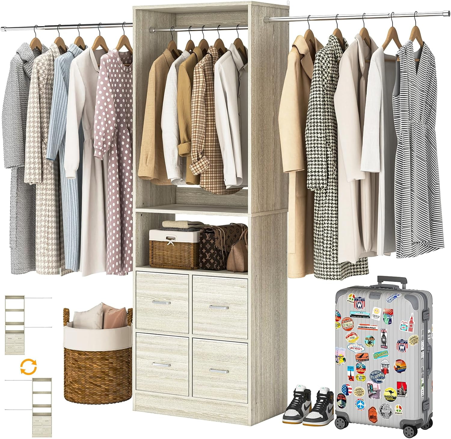 8FT Closet System, 96 Inch Closet Organizer System with 4 Fabric ...