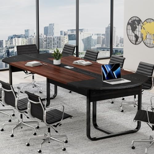8FT Conference Table, Walnut and Black Conference Room Table Curved for ...