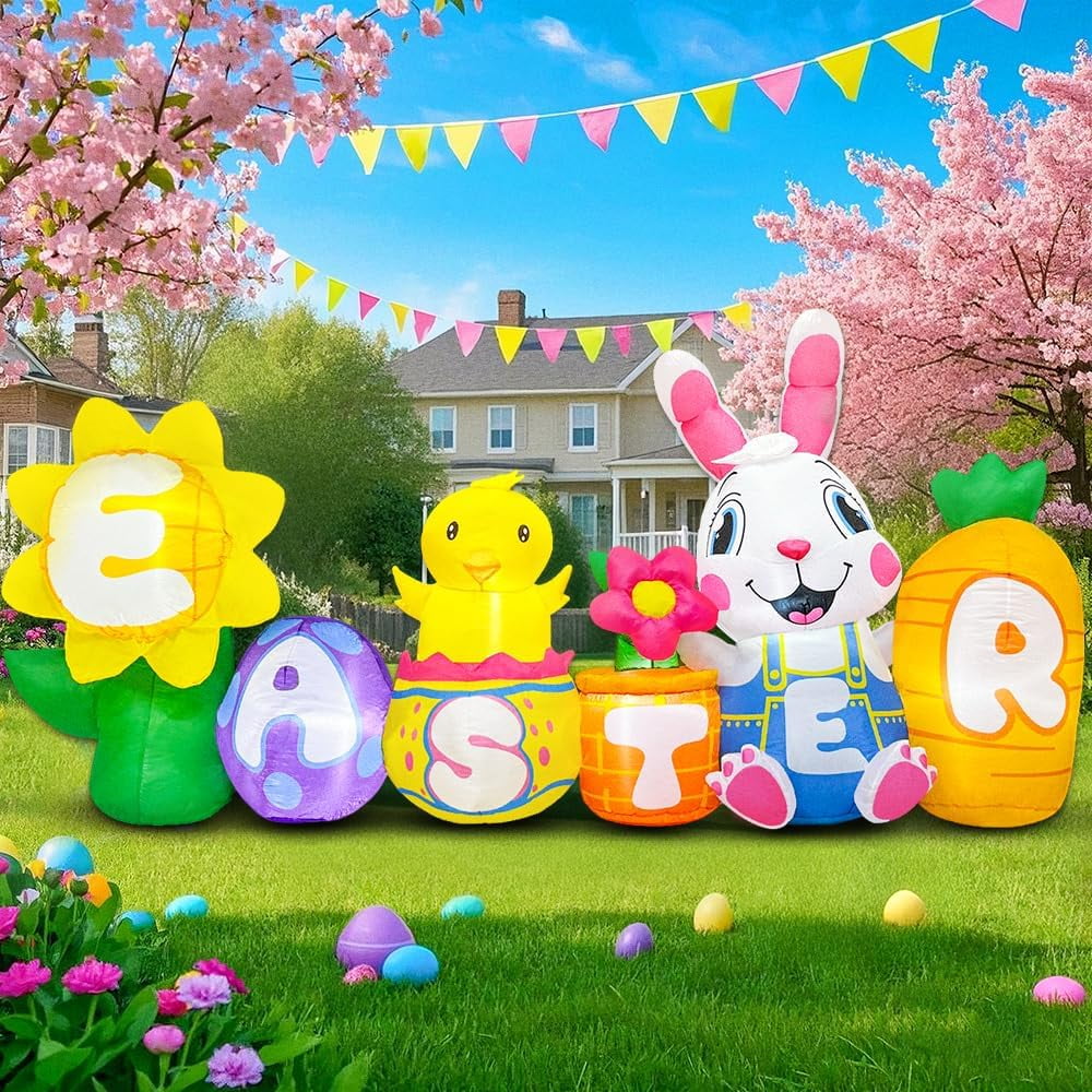 8FT Easter Inflatable Bunny Outdoor Decorations with Egg Chick Carrot ...
