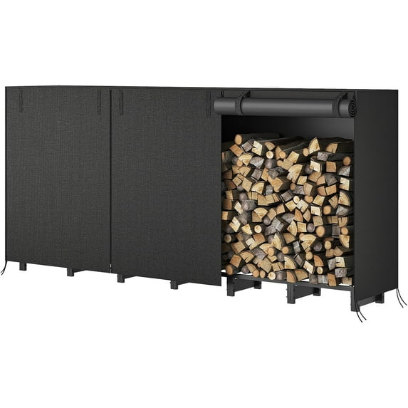 8FT Firewood Rack with Cover, Outdoor Firewood Log Rack, Adjustable Log ...