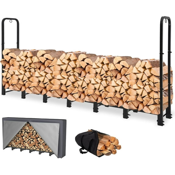 8FT Firewood Rack Outdoor with Cover, Heavy Duty Wood Holder with Log ...