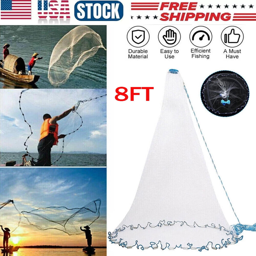 8FT Fishing Cast Net Bait Easy Throw Hand Cast Strong Nylon Mesh USA ...