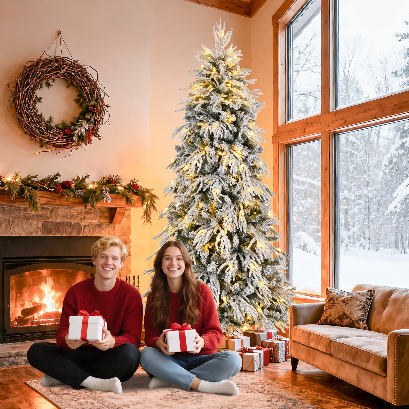 8ft Slim Flocked Pre Lit Christmas Tree,Skinny Tree with 950 Premium PE ...