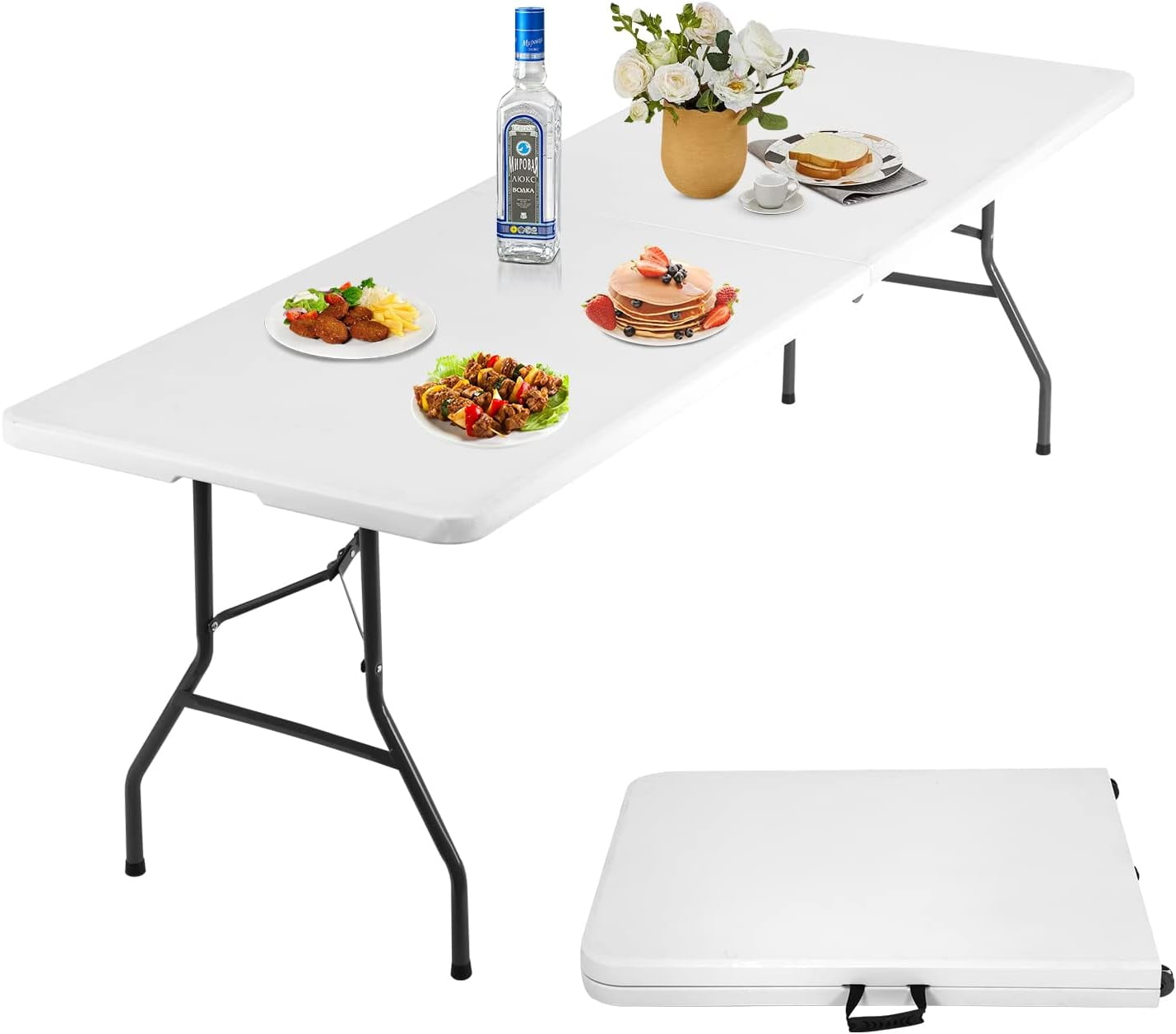 8FT Folding Table Lightweight Plastic Table Fold-in-Half Utility ...