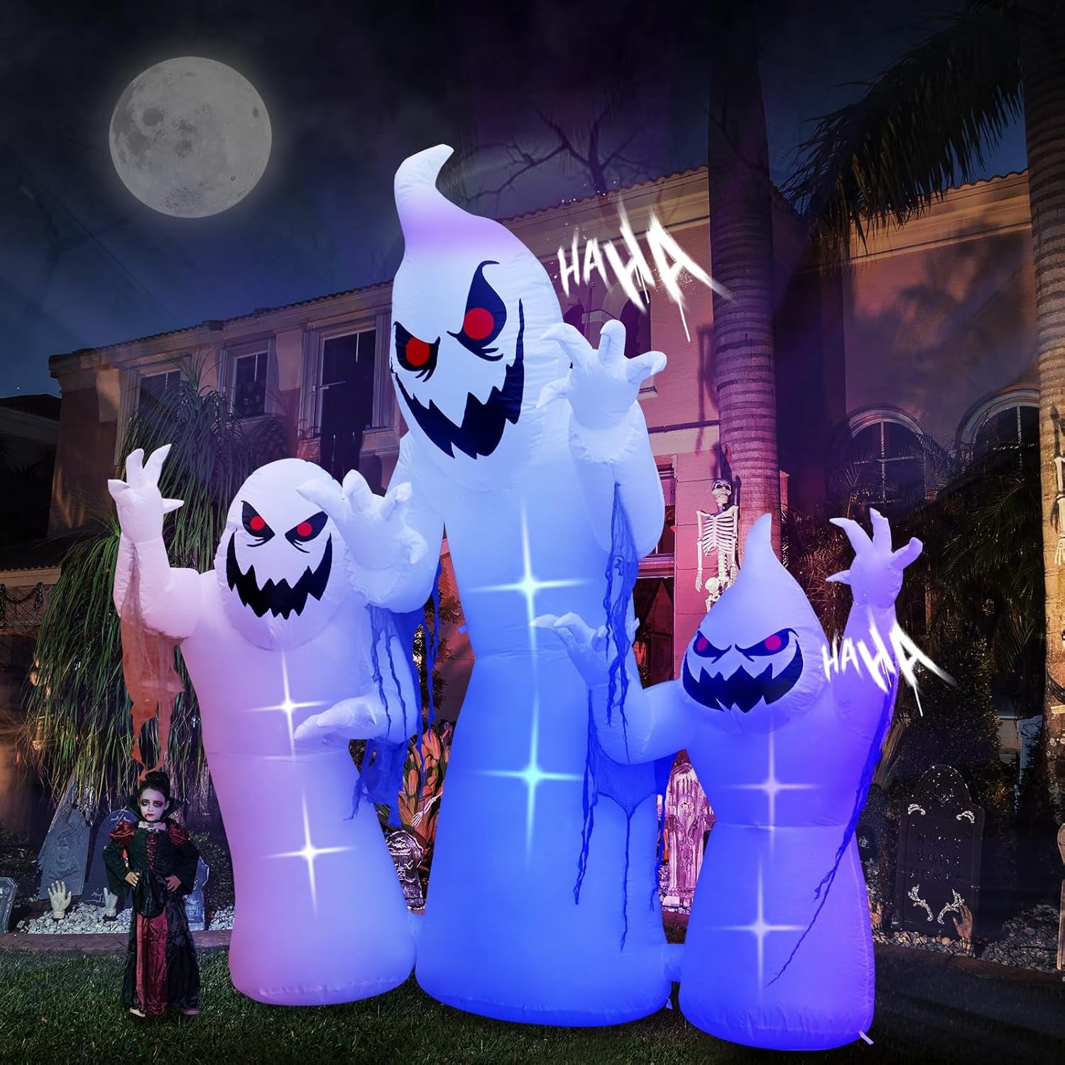8FT Halloween Inflatables 3 White Ghosts with Terrible Grinning ...