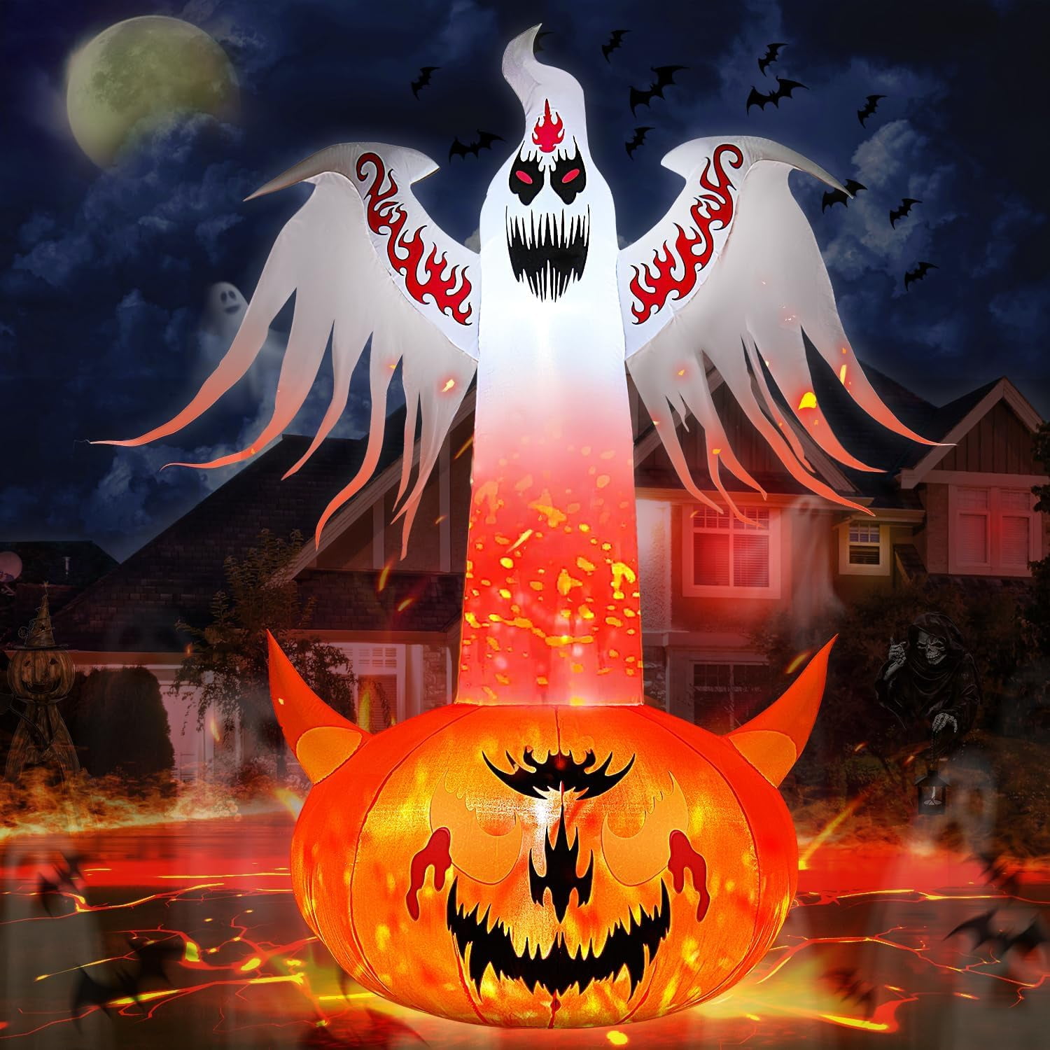 8FT Halloween Inflatables Outdoor Decorations Ghost with Built-in Flame Flashing Projection ...