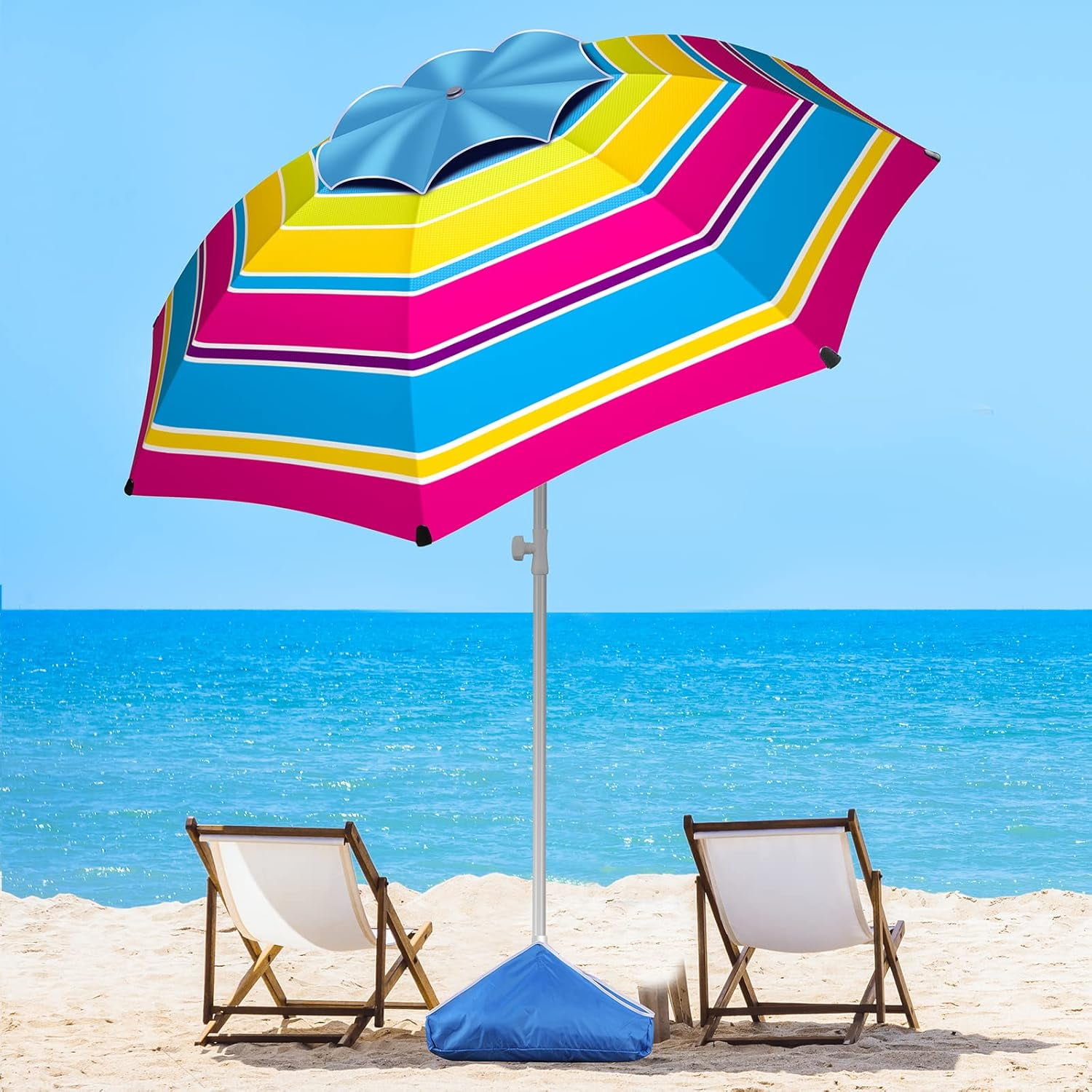 8FT Large Beach Umbrella with Level 7 Wind Resistance, Sand Anchor ...