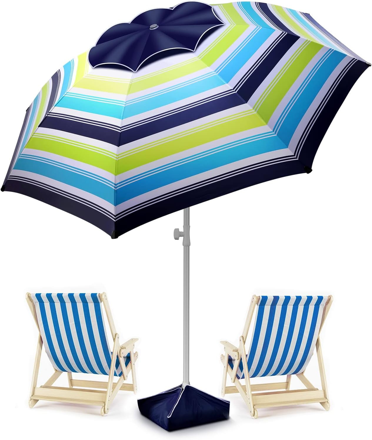 8FT Large Beach Umbrella with Level 7 Wind Resistance, Sand Anchor ...