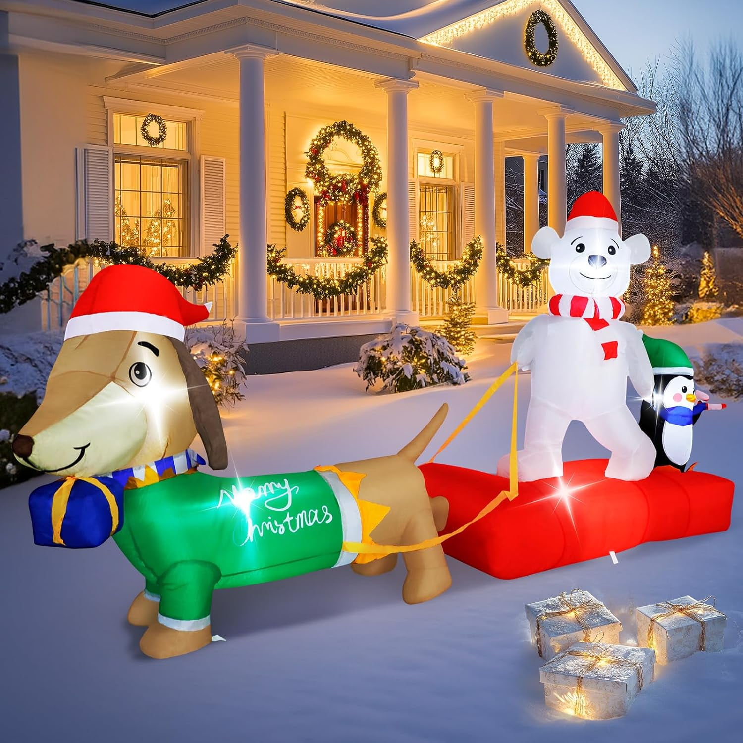 8FT Long Christmas Inflatable Dog Sled with Polar Bear & Penguin, LEDs ...