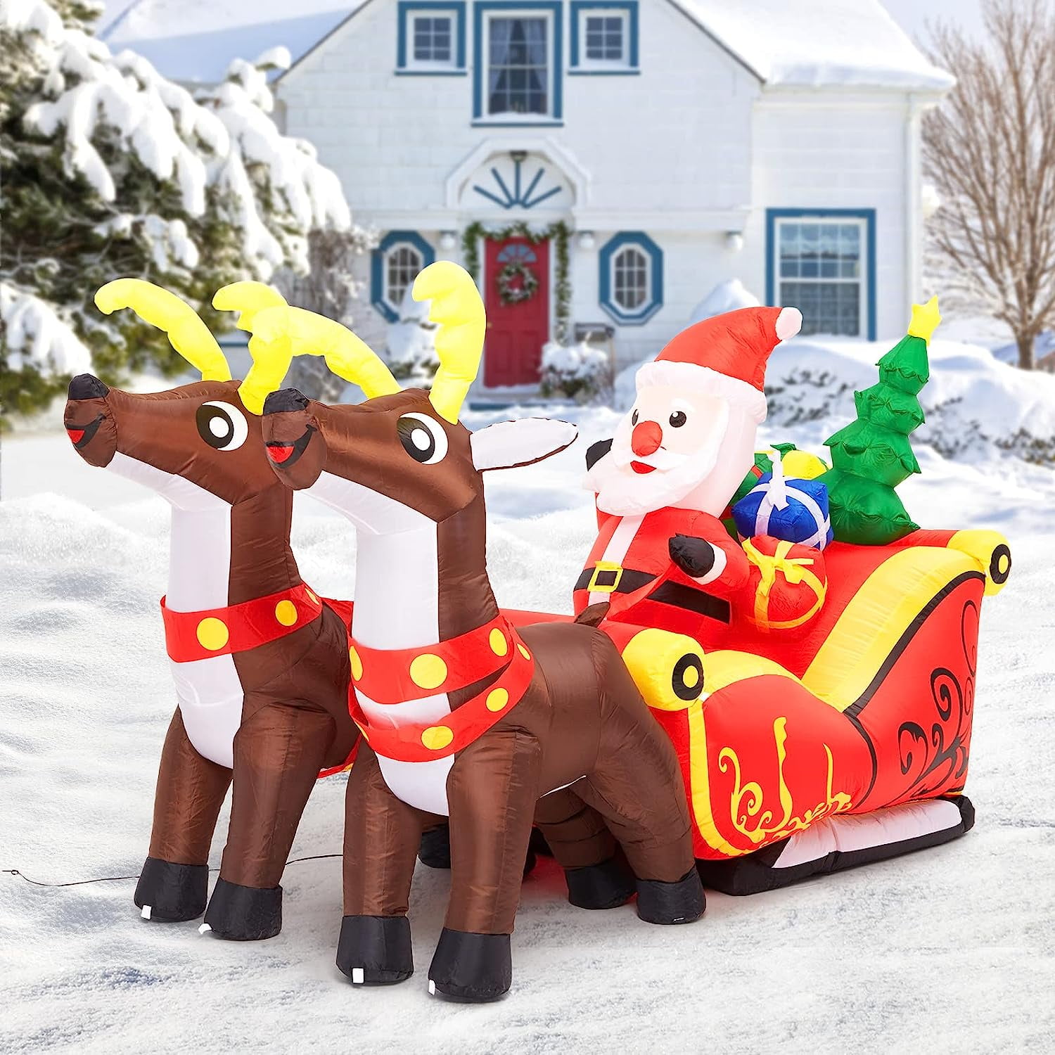 8ft Long Christmas Inflatable Santa Claus On Sleigh With Two Reindeers
