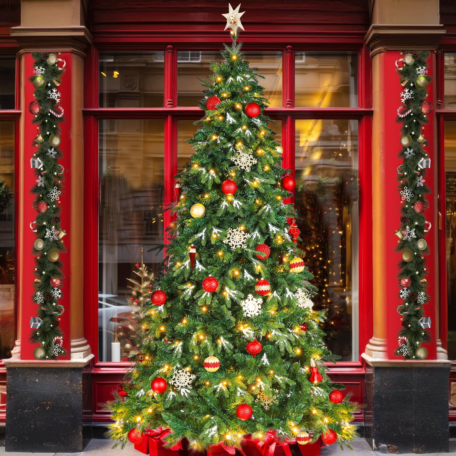 LAZY BUDDY 8FT Pre-Lit Artificial Christmas Tree Snow-Flocked Hinged ...