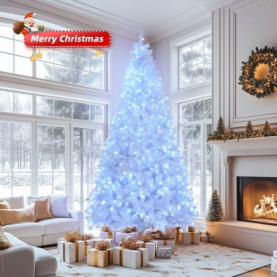 8FT Pre-Lit White Christmas Tree, 1500 PVC Branch Tips, 200 Cold White ...