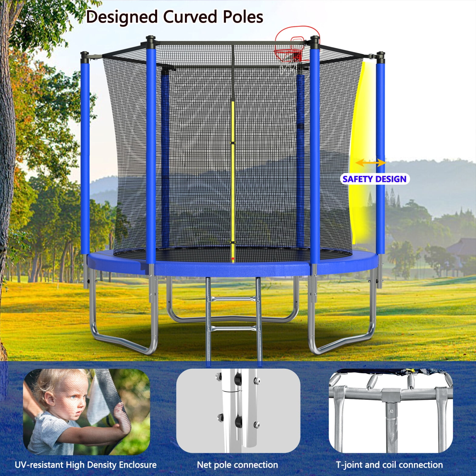 8FT Round Trampoline Outdoor with Basketball Hoop and Ladder for Kids ...
