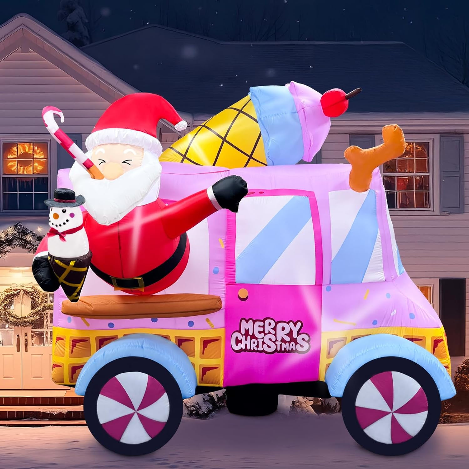 8FT Santa Ice Cream Truck Inflatable, Cute Christmas Inflatable Outdoor ...