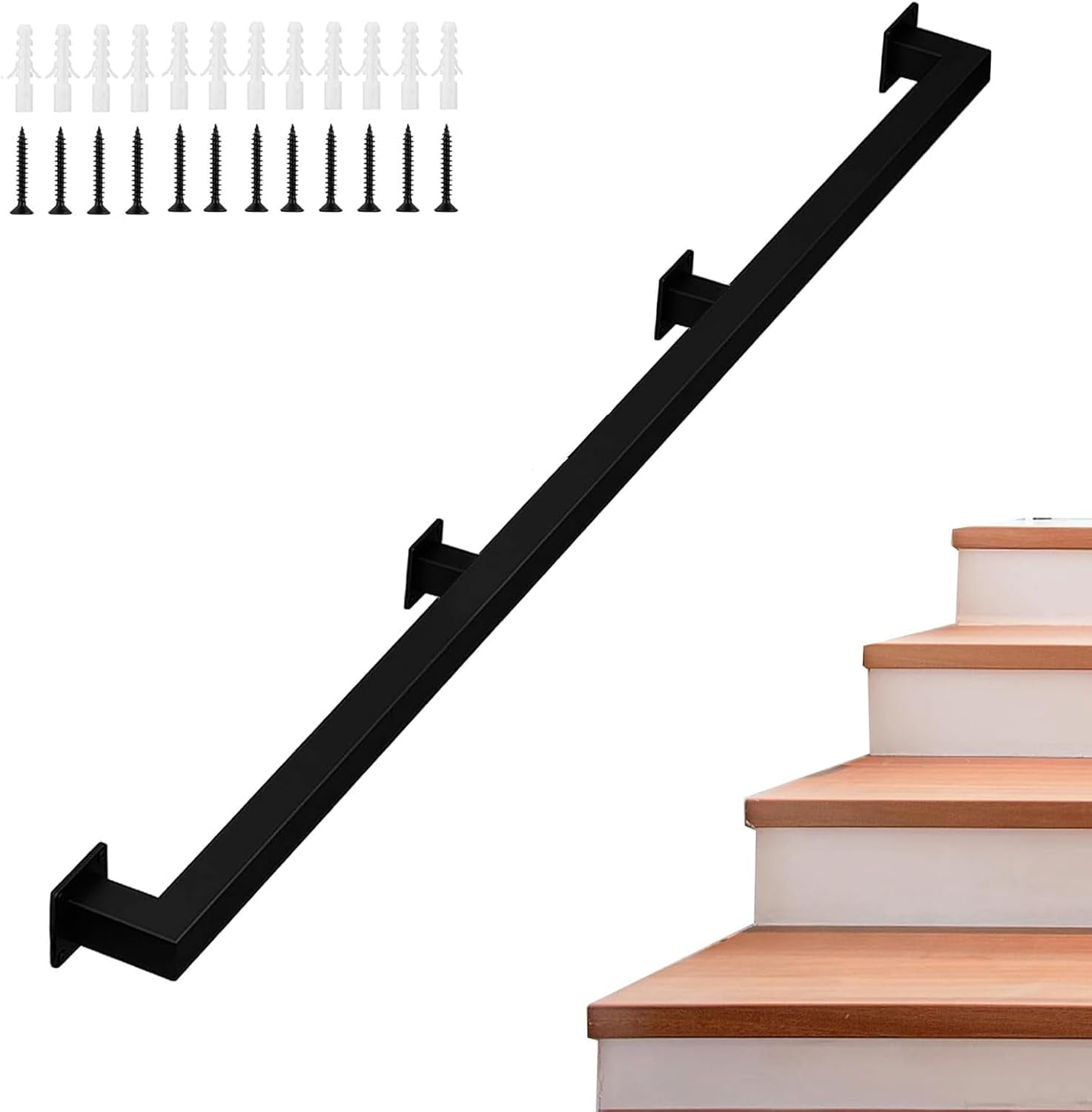 8FT Square Stair Handrail，Black Industrial Iron Hand Railing, Wall ...