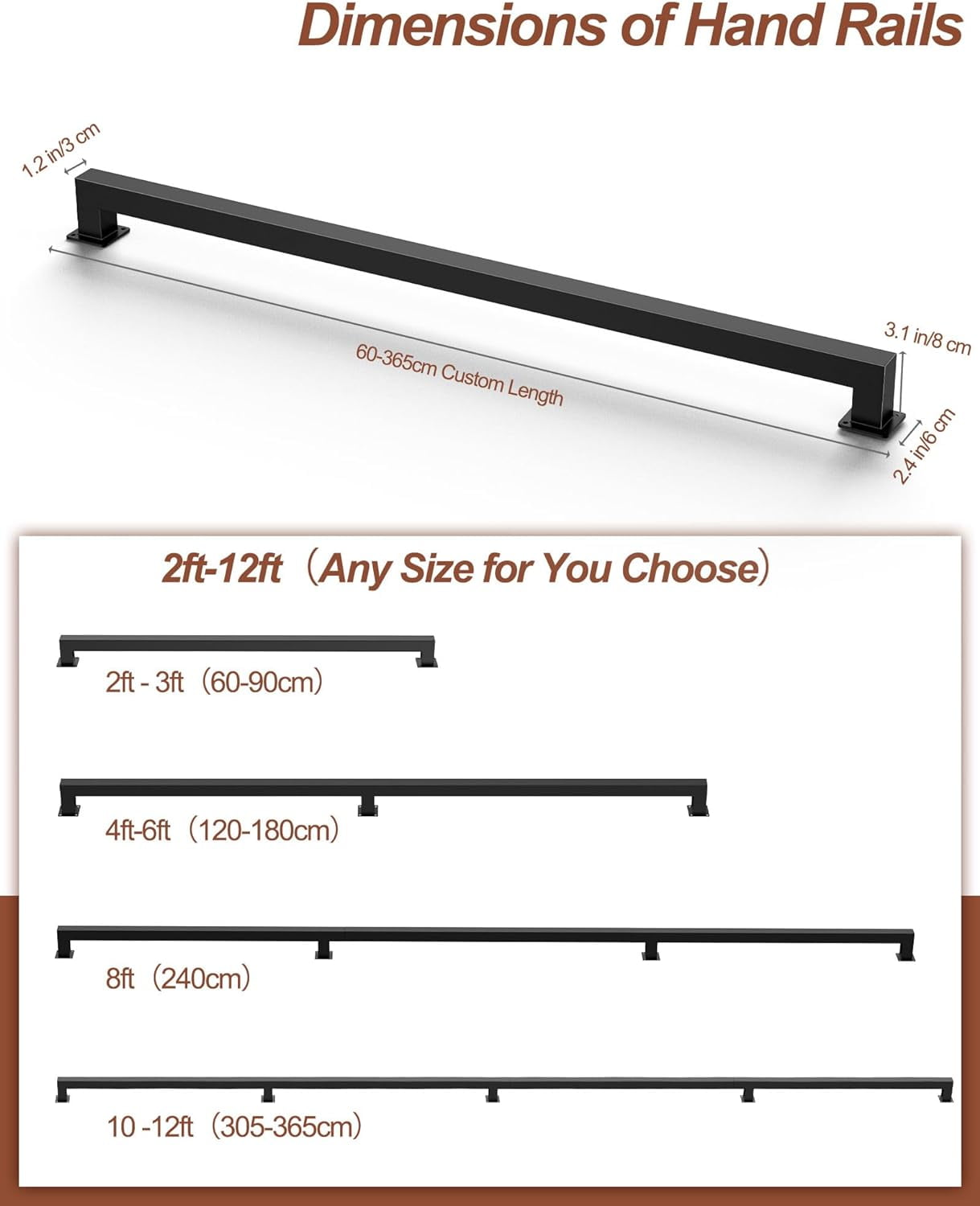 8FT Square Tube Handrail, Wall Mount Industrial Modern Staircase ...