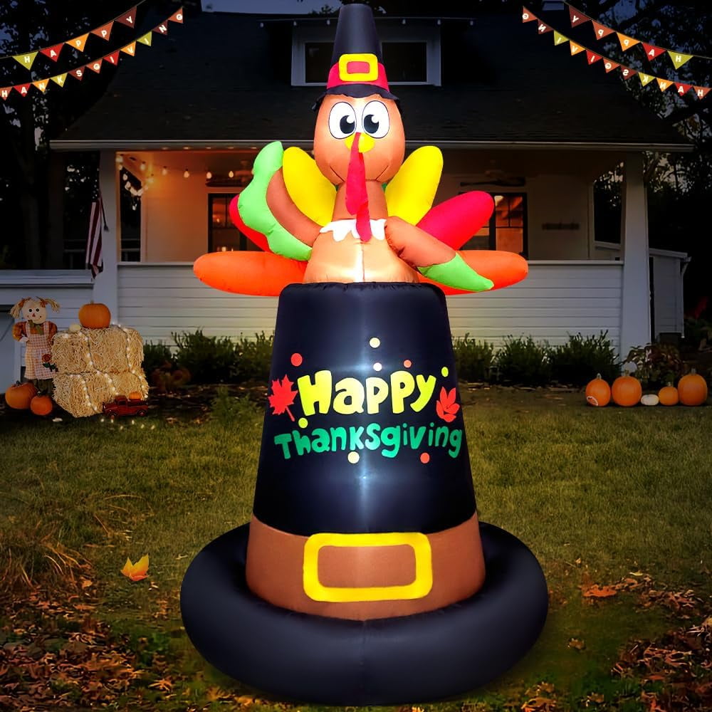 8FT Thanksgiving Inflatable Turkey Sits on Pilgrim Hat Thanksgiving ...