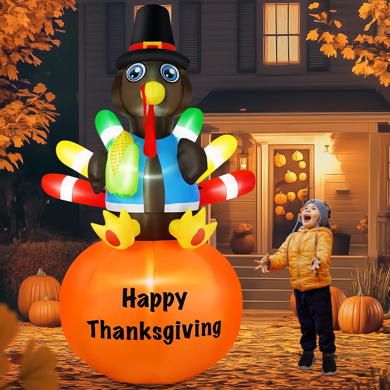 8FT Thanksgiving Inflatables Turkey Sitting on Pumpkin, Blow up Turkey ...