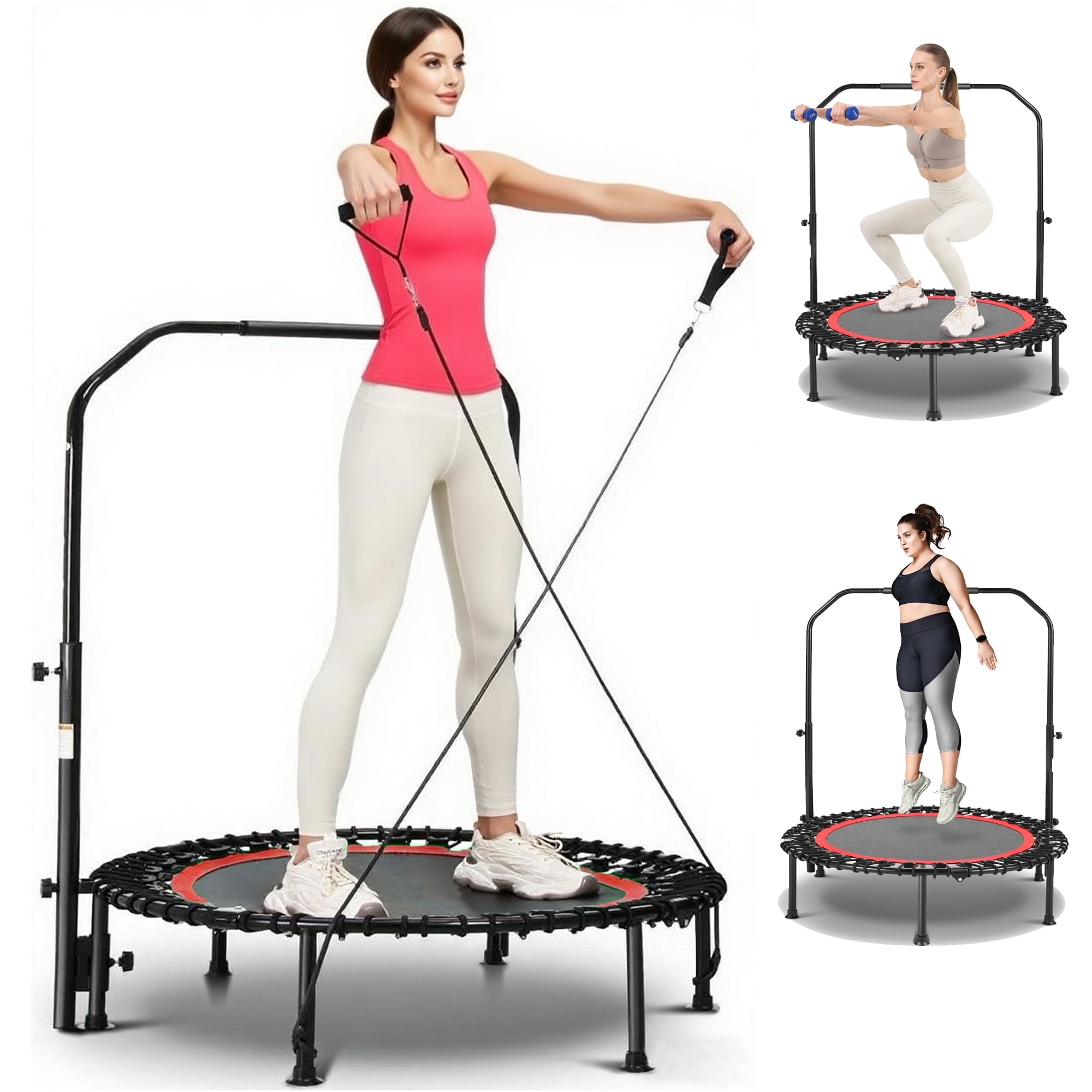 40" Trampoline with Resistance Ropes,Fitness Foldable Mini Trampoline Max Load 450lbs, 4-Level ...