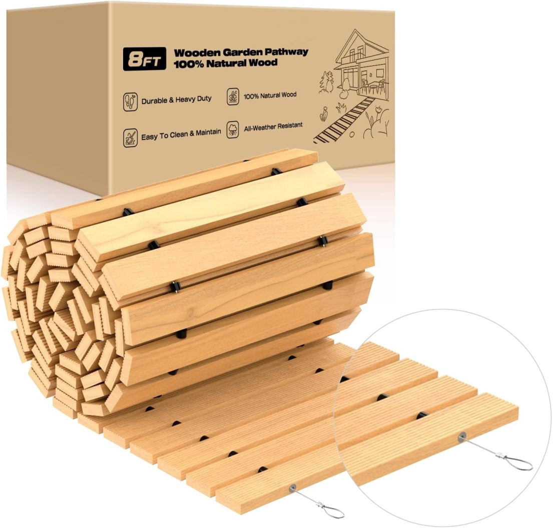 8FT Wooden Garden Pathway, Outdoor Roll Out Cedar Straight Walkway ...