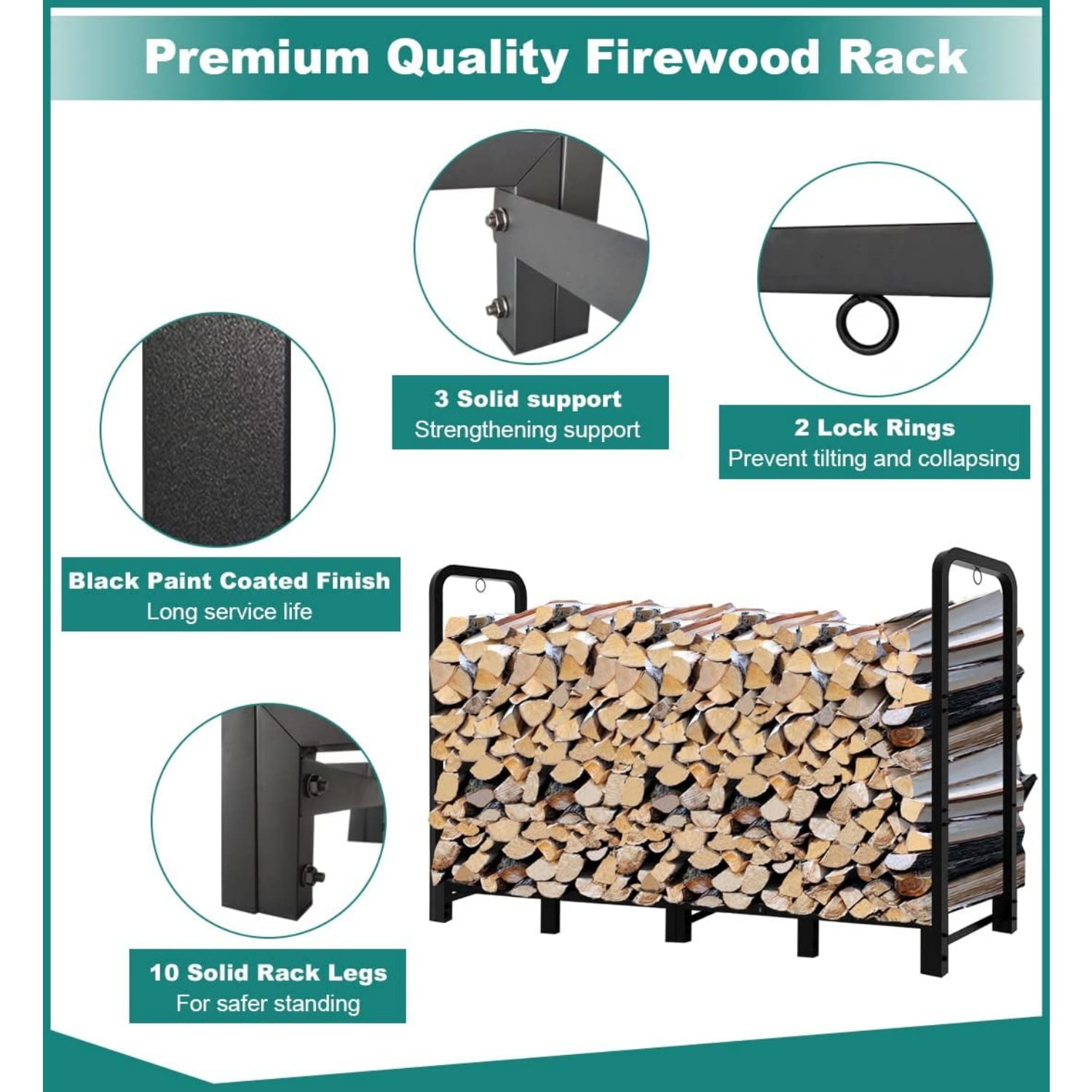 8Ft Firewood Rack Adjustable Fireplace Wood Holder for Outdoor Indoor Storage Log-Heavy Duty ...