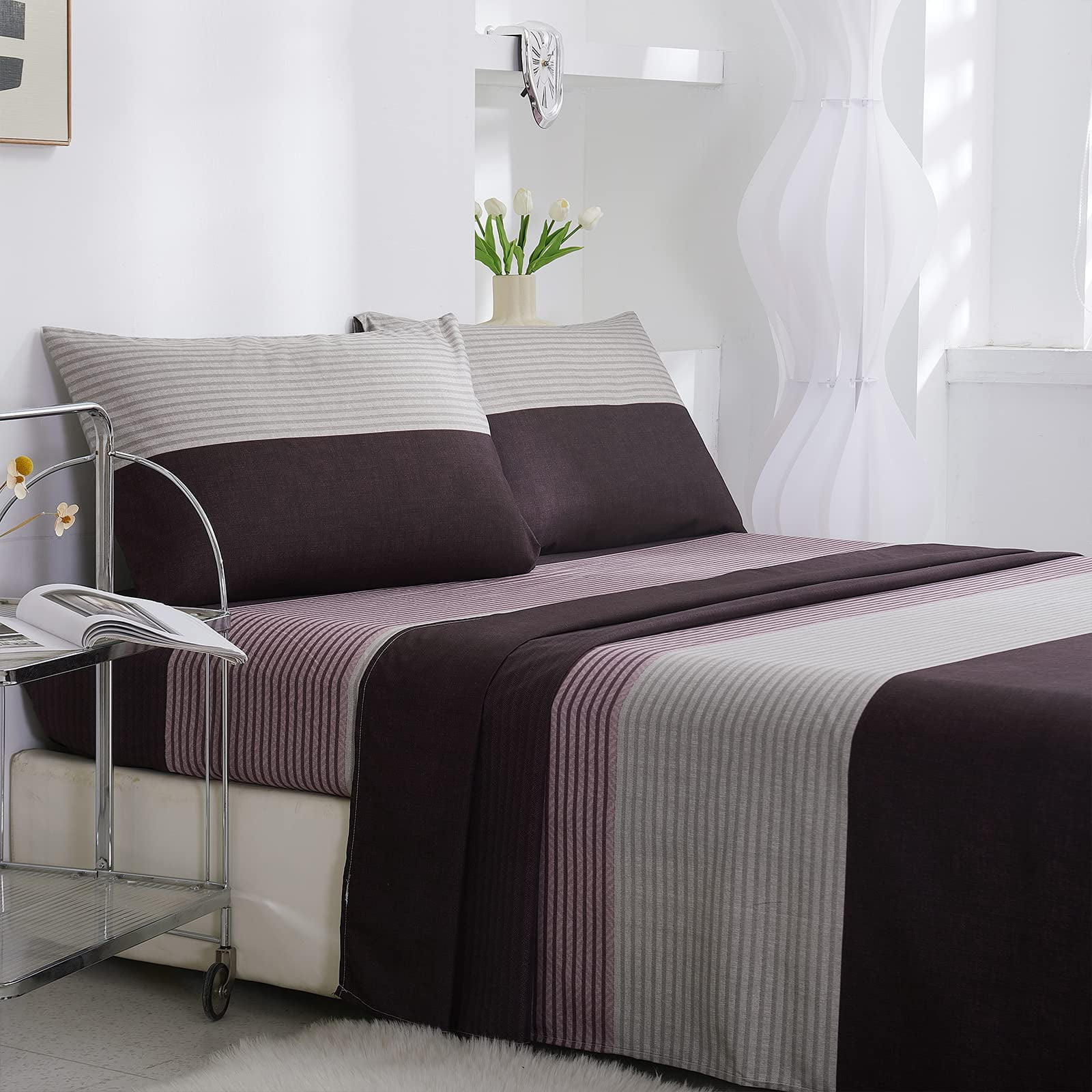 8hmoon Striped Bed Sheet Ypf5 Set Soft Microfiber Wrinkle Free Full