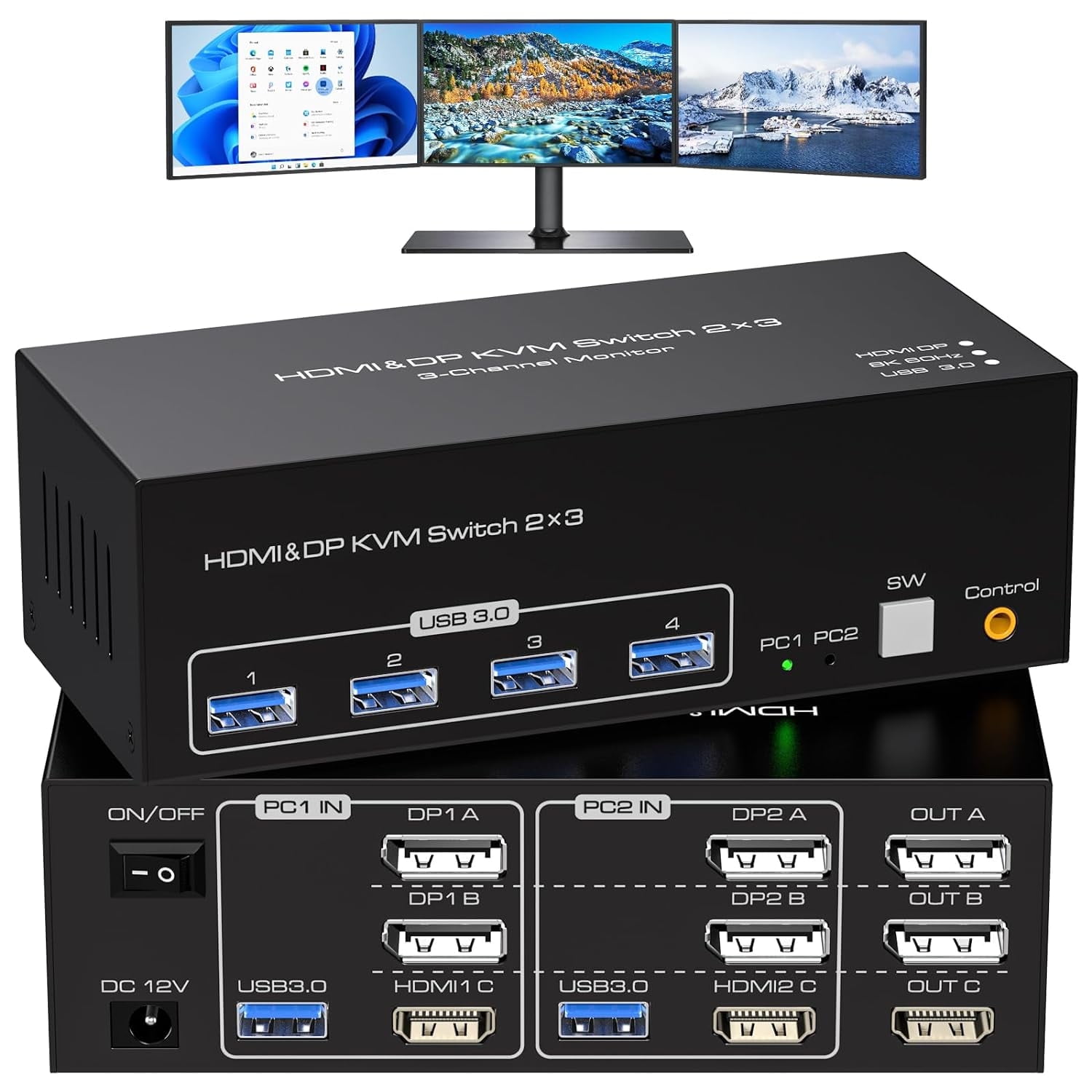 8K@60Hz HDMI+2 Displayport KVM Switch 3 Monitors 2 Computers 4K@120Hz ...