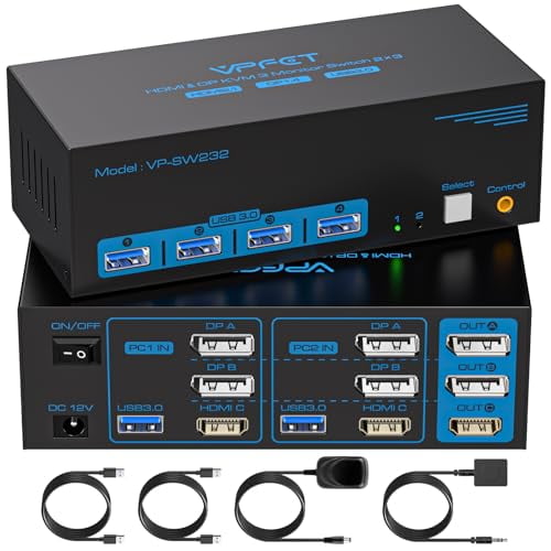 8K@60Hz HDMI Displayport KVM Switch 3 Monitors 2 Computers 4K@120Hz ...
