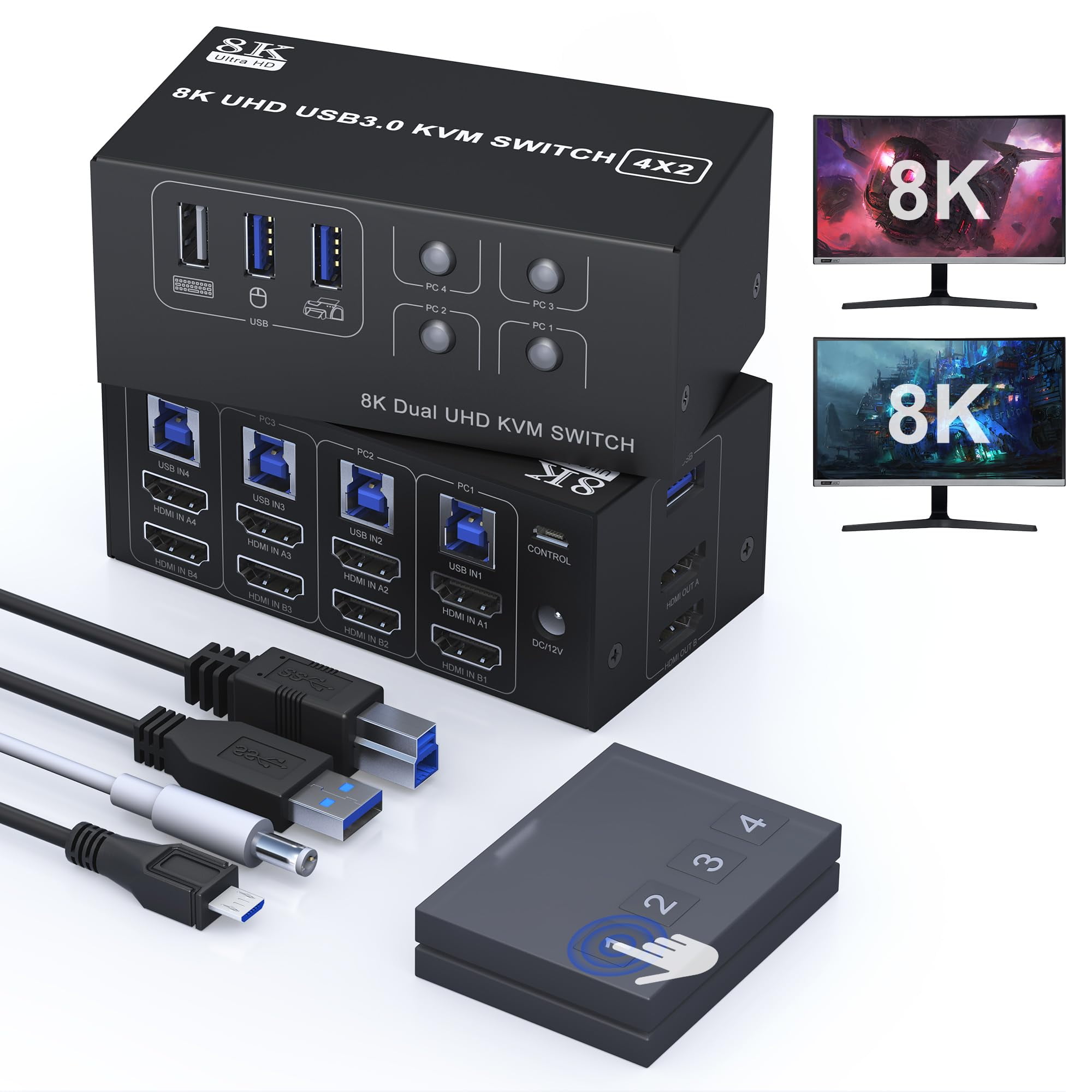 8K HDMI KVM Switch RRF12 2 Monitors 4 Computers Dual Monitor Support 8K ...