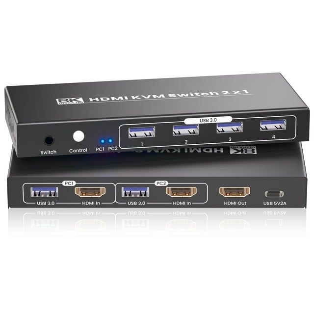 8K HDMI KVM Swith 1 Monitors 2 Computers, USB 3.0 2 Port HDMI KVM Switch for 2 Computers to ...