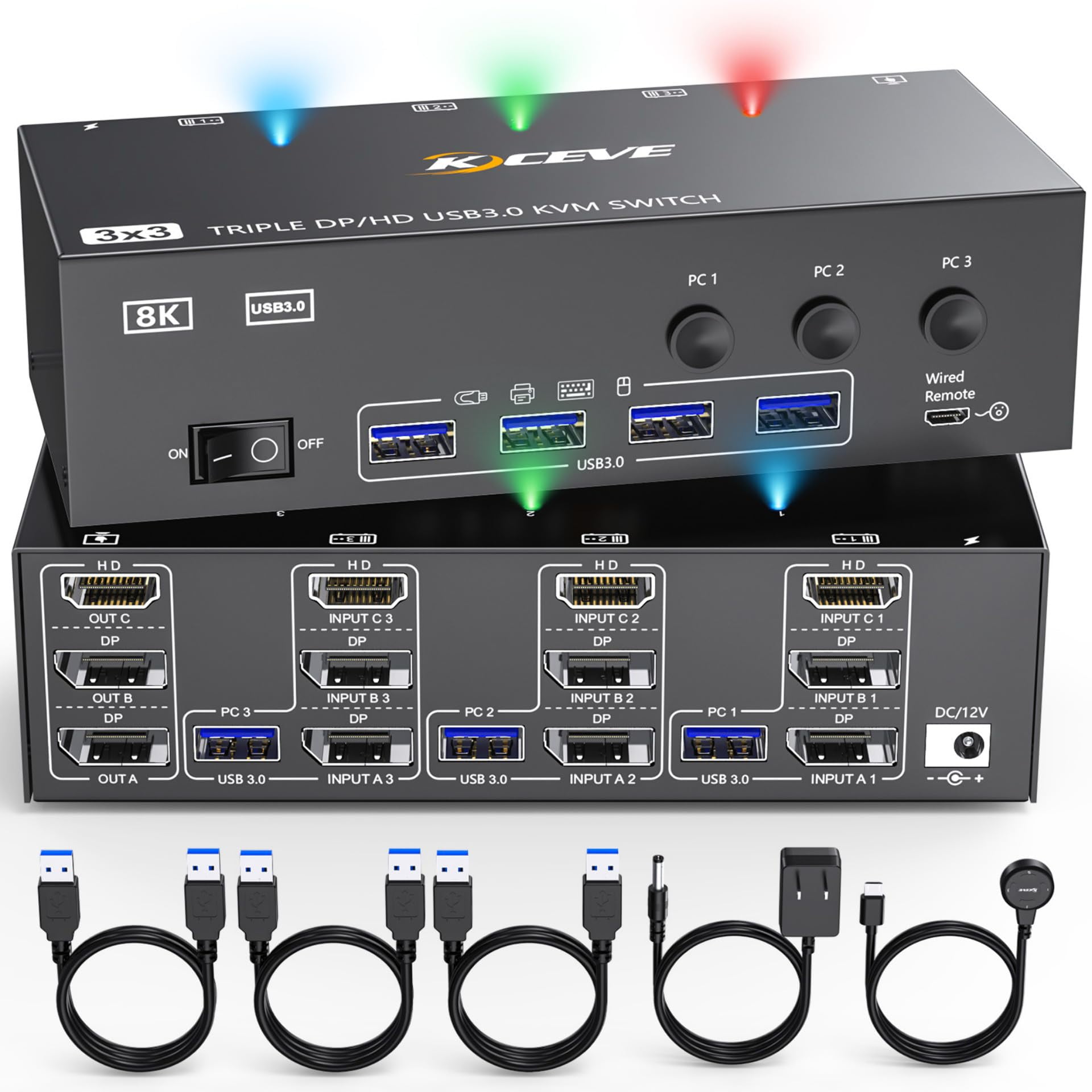 8K KVM Switch 3 KEF16 Monitors 3 Computers HDMI + DisplayPort, KCEVE ...