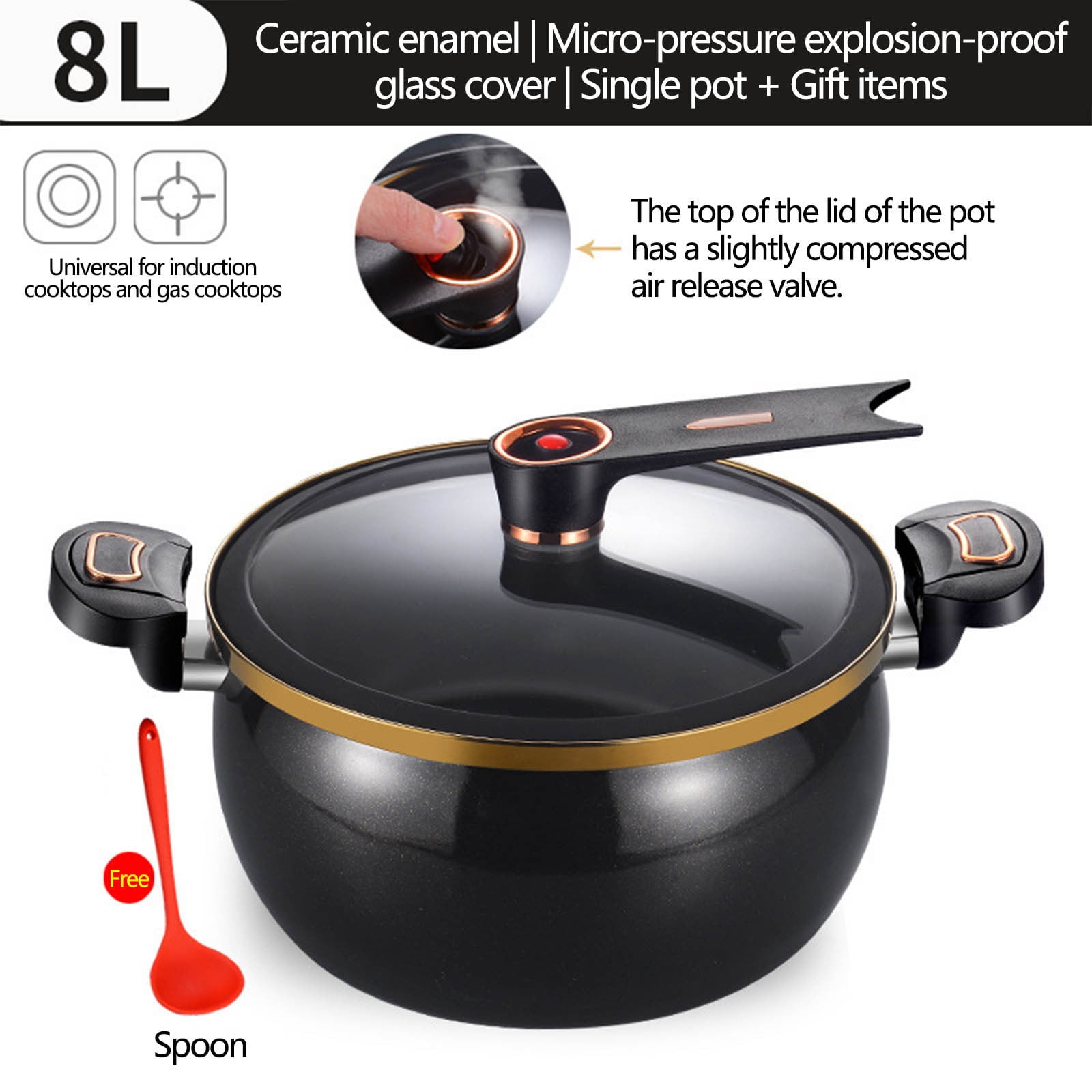 8L Micro Pressure Cooker, Enamel Fast Heating Air Release Pressure Pot ...