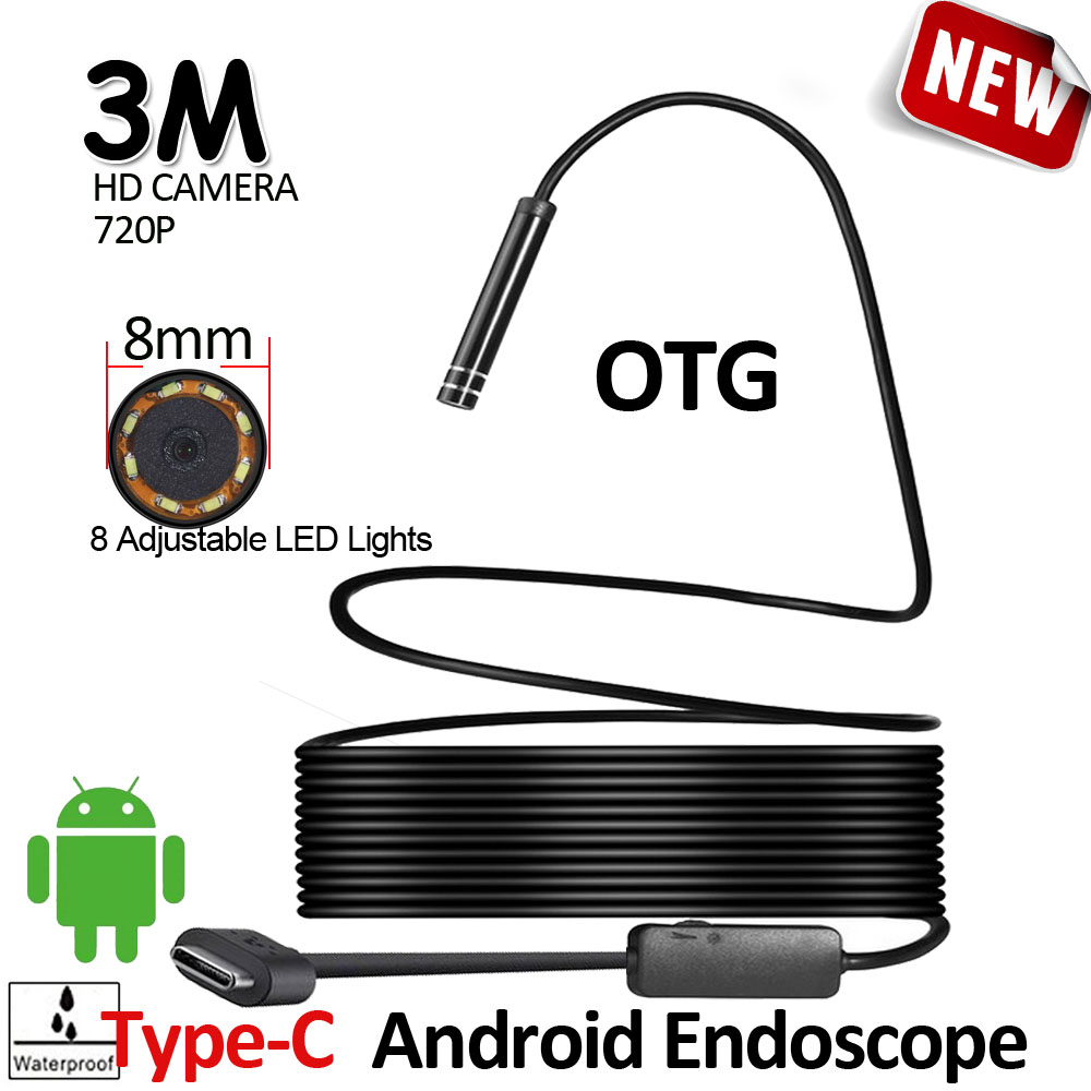 8LED 8mm HD720P 3M USB Type-C Android Endoscope Camera Flexible Snake ...