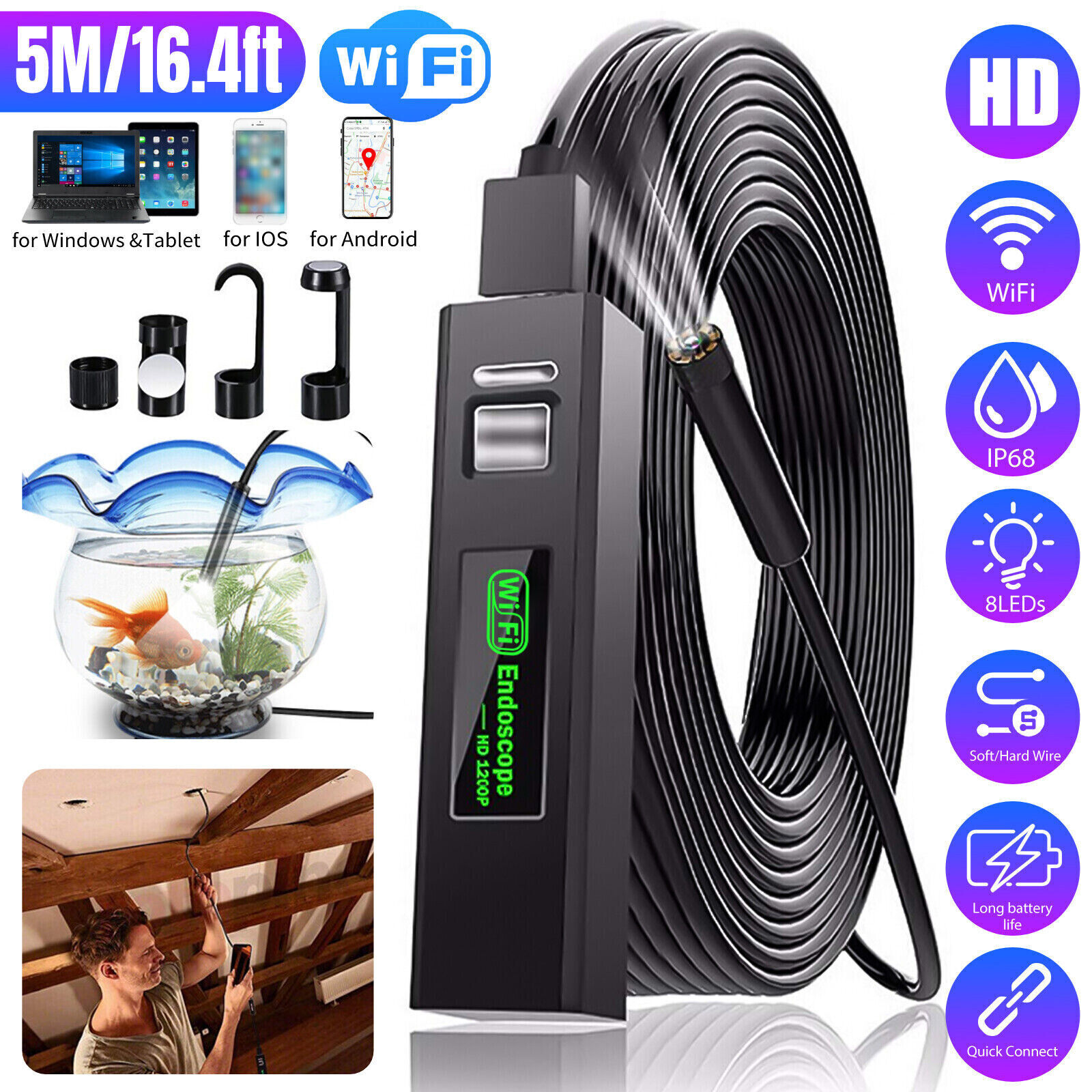 8LED WiFi Snake Borescope Endoscope 8mm Inspection Camera for iPhone ...