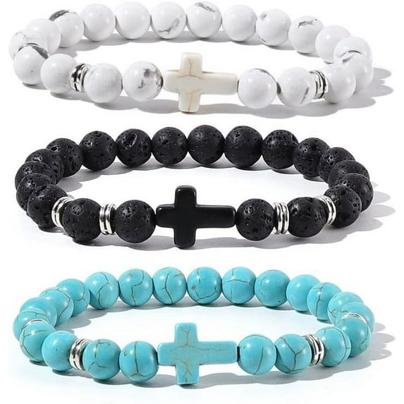 8MM Ornament Lava Volcanic Stone Beads Turquoise Cross Elastic Stretch ...