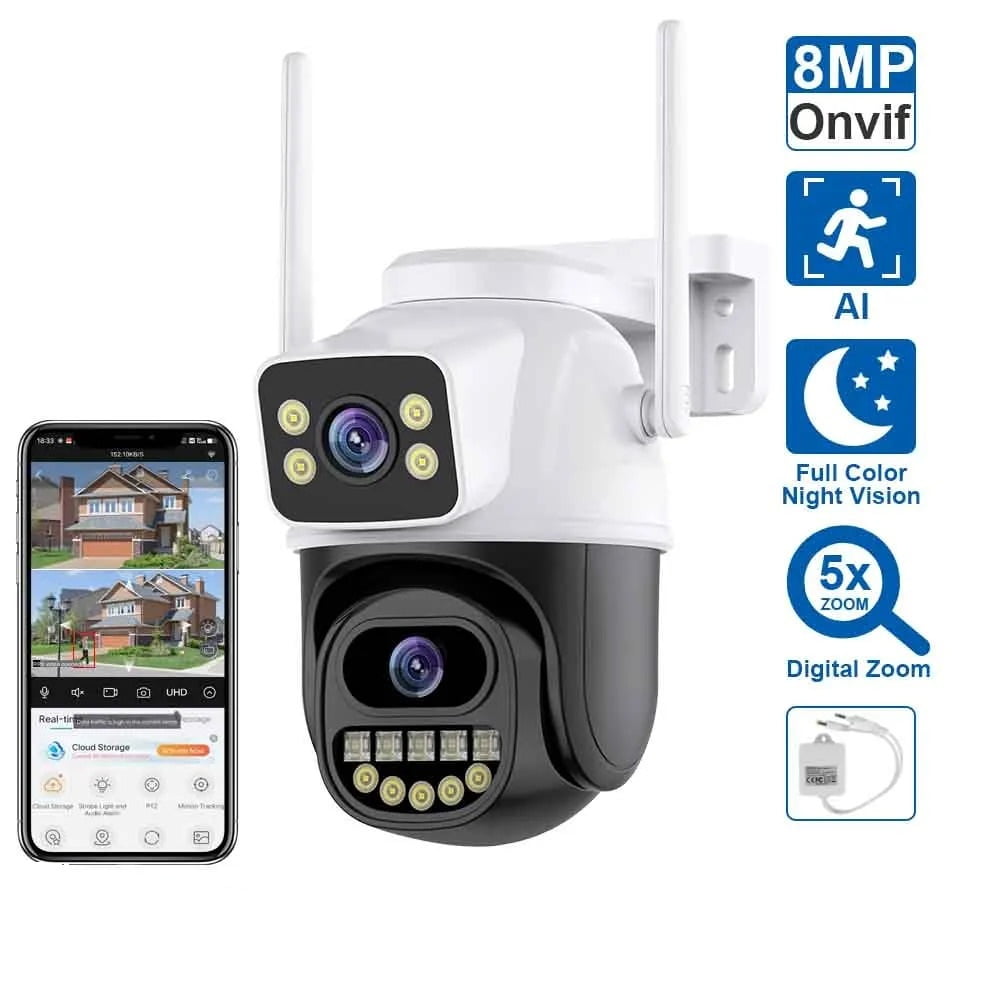8MP 4K Dual Lens PTZ IP Camera with Dual Screen 4MP Ai Human Detection ...