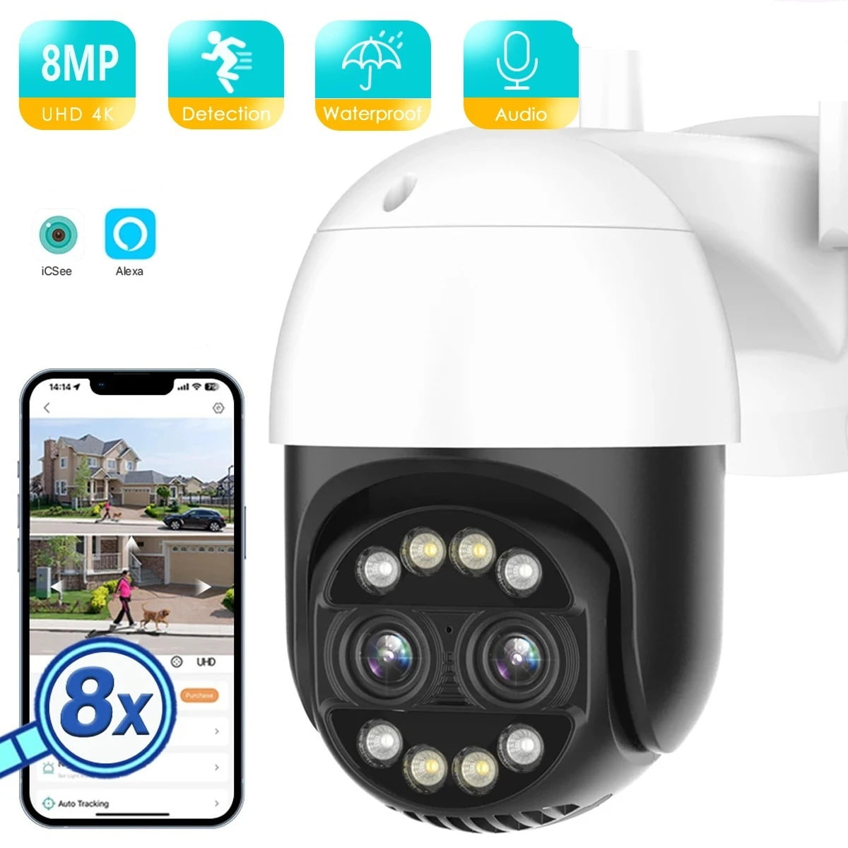 8MP 4K PTZ IP Camera 8x Hybrid Zoom 2.8+12mm Dual Lens WiFi Camera Auto ...